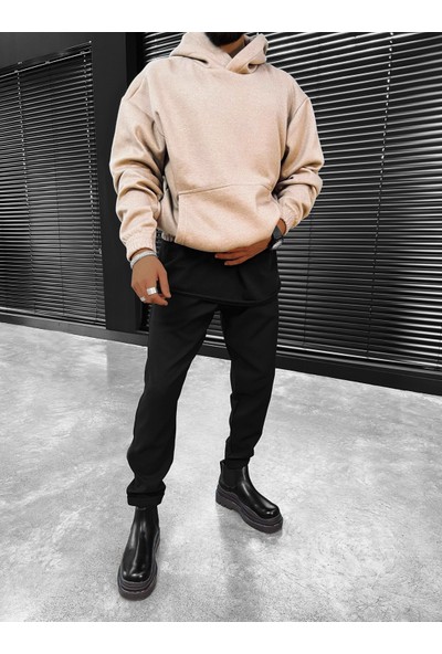 Abluka Oversize Örme Kapüşonlu Sweatshirt Bej