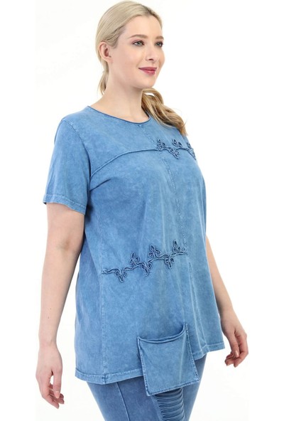 Büyük Beden Italyan Yıkamalı Mavi Yuvarlak Yaka Tshirt Büyük Beden Italyan Yıkamalı Mavi Yuvarlak Yaka Tshirt