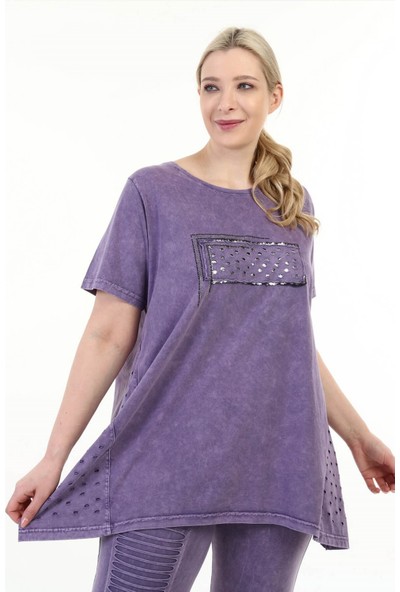 Büyük Beden Italyan Yıkamalı Lila Salaş Tshirt