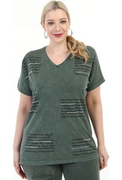 Büyük Beden Italyan Yıkamalı Haki Yarasa Kol Tshirt