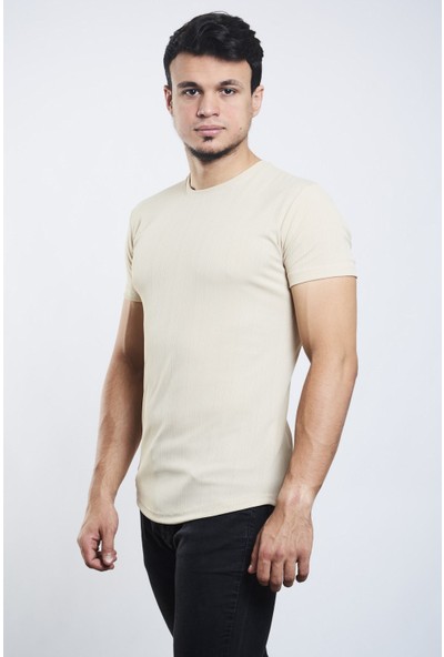 Erkek Basic Fitilli Vizon T-Shirt