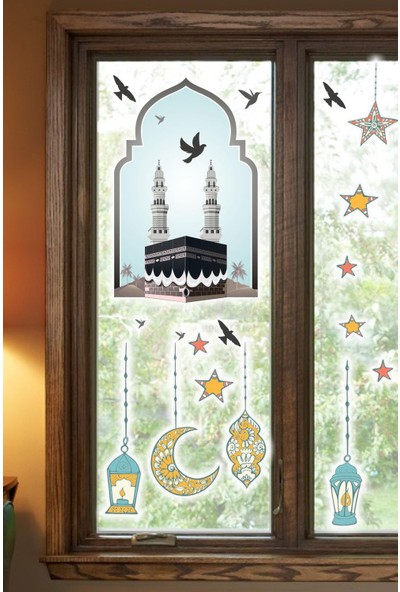 Sticker Hoşgeldin Ramazan Cam Duvar Sticker - Kabe Kuşlar ve Fener Figürlü Duvar Cam Sticker