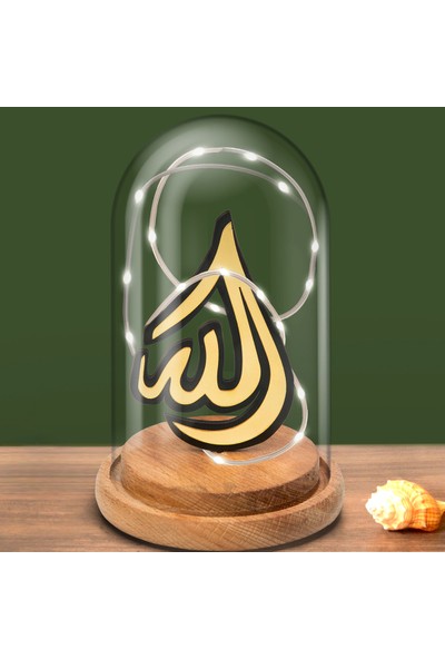Fotomcity Allah Tasarımlı Ahşap LED Fanus Islami Hediye