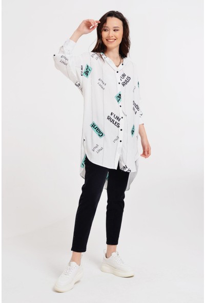 Nefise 21128-KAPŞONLU Baskılı Çift Kordonlu Dokuma Tunik Gömlek - Beyaz-Yeşil