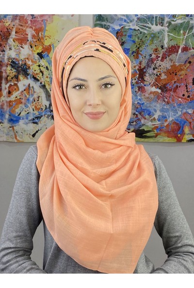 Butik Ambar Açık Somon Çiçekli Asimetrik Drapeli Şal Butik Ambar Açık Somon Çiçekli Asimetrik Drapeli Şal