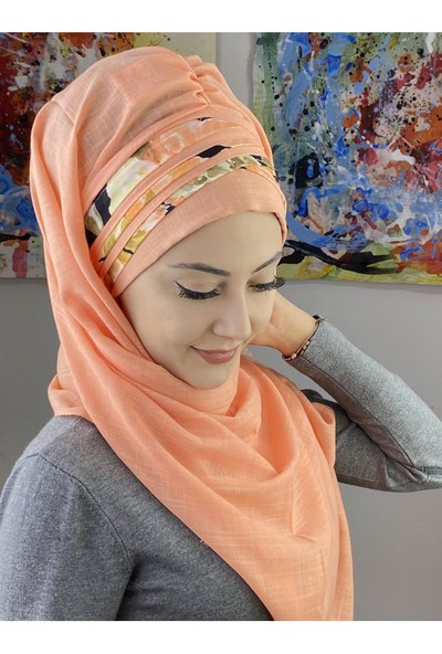 Butik Ambar Somon Renkli Çiçek Desenli Çapraz Drapeli Şal Butik Ambar Somon Renkli Çiçek Desenli Çapraz Drapeli Şal