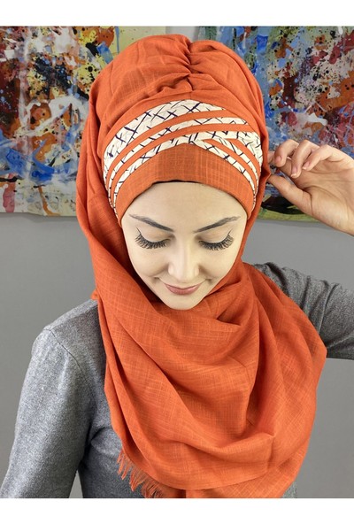 Butik Ambar Koyu Turuncu Kısa Çapraz Çizgili Çapraz Drapeli Şal