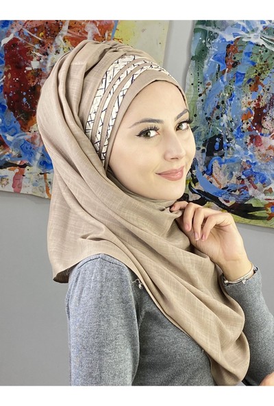 Butik Ambar Taş Rengi Kısa Çapraz Çizgili Çapraz Drapeli Şal