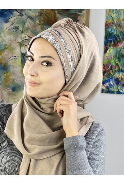 Butik Ambar Bej Asimetrik Çapraz Çiçek Desen Drapeli Hazır Şal Butik Ambar Bej Asimetrik Çapraz Çiçek Desen Drapeli Hazır Şal