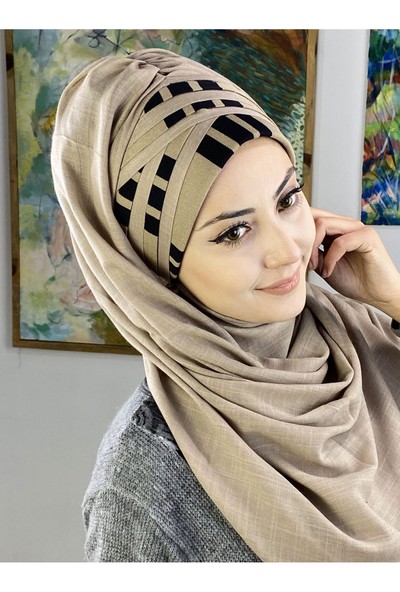 Butik Ambar Bej Asimetrik Çapraz Iri Çizgili Drapeli Hazır Şal