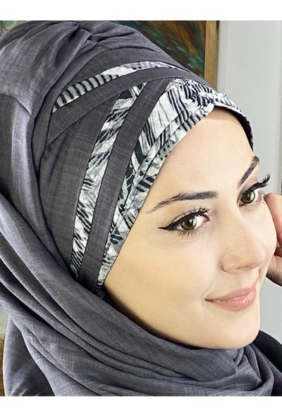 Butik Ambar Füme Asimetrik Çapraz Karışık Desen Drapeli Hazır Şal