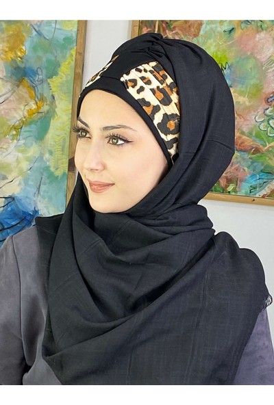 Butik Ambar Siyah Renkli Tek Biritli Küçük Leoparlı Hazır Şal