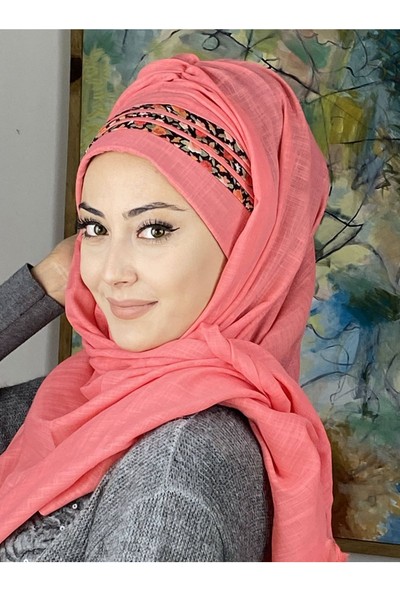 Butik Ambar Yavruağzı Asimetrik Turuncu Çiçekli Drapeli Hazır Şal Butik Ambar Yavruağzı Asimetrik Turuncu Çiçekli Drapeli Hazır Şal