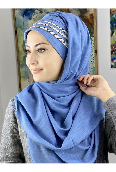 Butik Ambar Kot Mavisi Asimetrik Krem Drapeli Hazır Şal