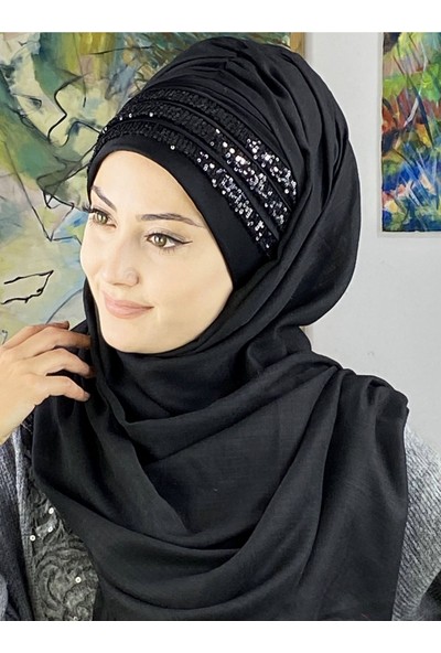 Butik Ambar Siyah Asimetrik Pullu Drapeli Hazır Şal