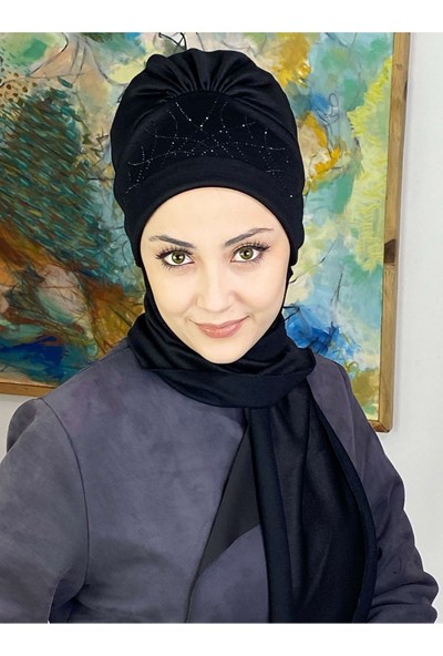 Butik Ambar Siyah Taşlı Taç Desenli Atkılı Bone Şal Butik Ambar Siyah Taşlı Taç Desenli Atkılı Bone Şal