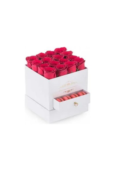 Çiçek & Yunus Kare Beyaz Kutuda Kırmızı Güller ve Makaron