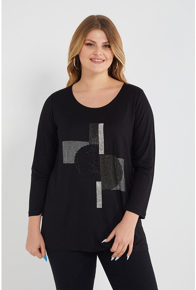 Nelly Büyük Beden Önü Geometrik Taşlı Bayan Tunik