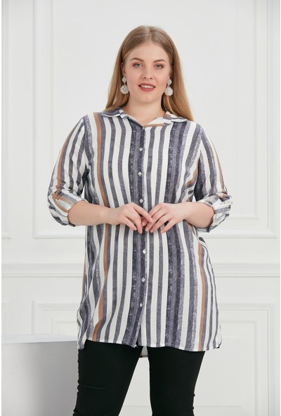 Rmg Büyük Beden Çizgili Uzun Bayan Gömlek