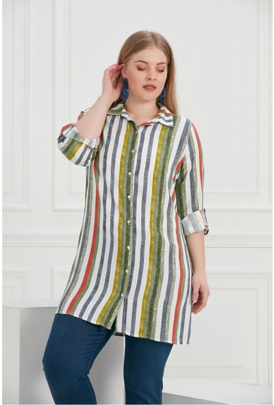 Rmg Büyük Beden Çizgili Uzun Bayan Gömlek