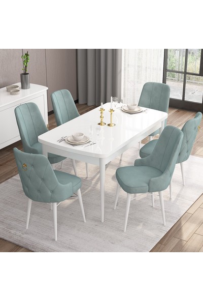 Canisa Concept Are Serisi 80 x 132 cm Açılabilir Mdf Masa Beyaz Mutfak Masa Takımı 6 Sandalye