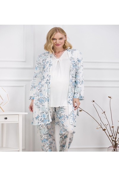 Arnetta Kadın Mavi Floral 3'lü Lohusa Takımı
