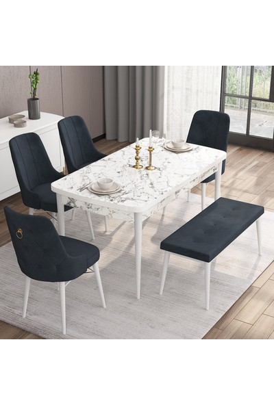 Canisa Concept Are Serisi 80 x 132 cm Açılabilir Benchli Mdf Beyaz Mermer Desen Mutfak Masa Takımı 4 Sandalye 1 Bench