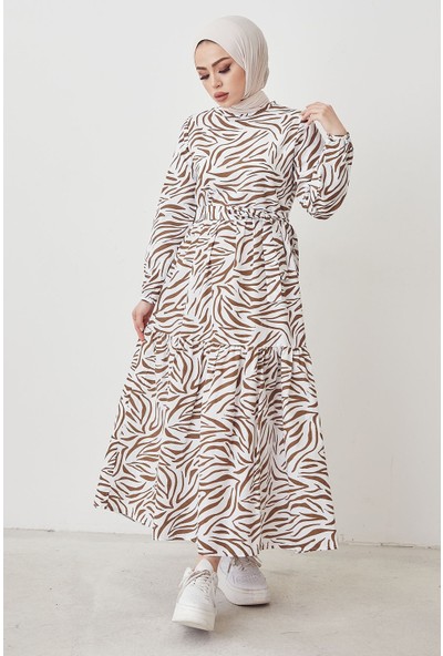 Miostil Desenli Elbise-Kahve