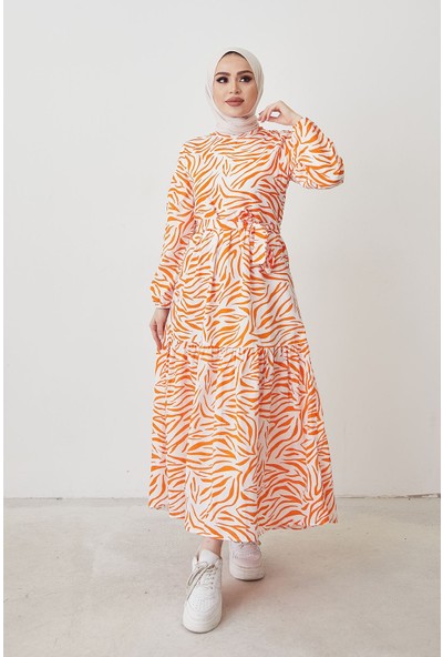 Miostil Desenli Elbise-Oranj Miostil Desenli Elbise-Oranj