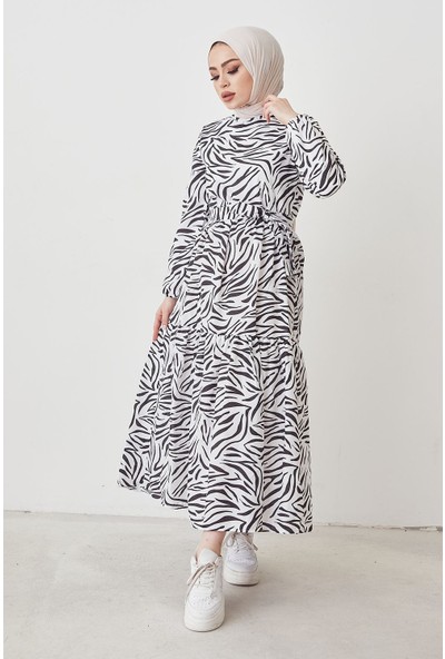 Miostil Desenli Elbise-Siyah