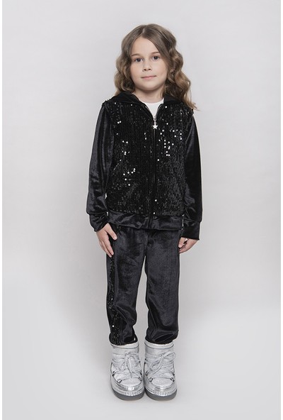 Pamina Kız Çocuk Kapüşonlu Kadife Eşofman Üstü Siyah Pamina Kız Çocuk Kapüşonlu Kadife Eşofman Üstü Siyah