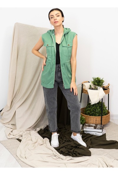 Derya Dindar Kadın Gabardin Yelek Yeşil Derya Dindar Kadın Gabardin Yelek Yeşil