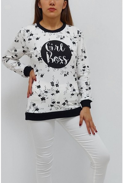 Girl Boss Baskılı Çiçek Desenli Sweatshirt Beyaz Girl Boss Baskılı Çiçek Desenli Sweatshirt Beyaz