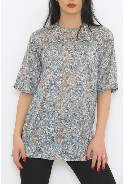 Yırtmaçlı Duble Kol Bluz Mintçiçekli