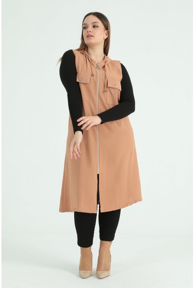 Modaplaza Kadın Kapüşonlu Uzun Yelek 4093