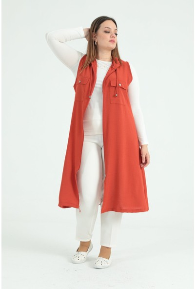 Modaplaza Kadın Kapüşonlu Uzun Yelek 4093