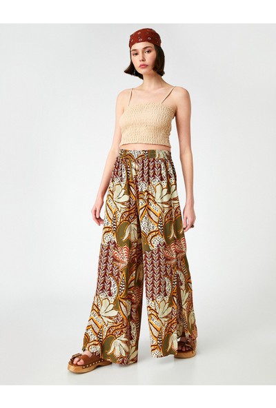 Koton Kadın Yüksek Bel Desenli Bol Paçalı Pantolon
