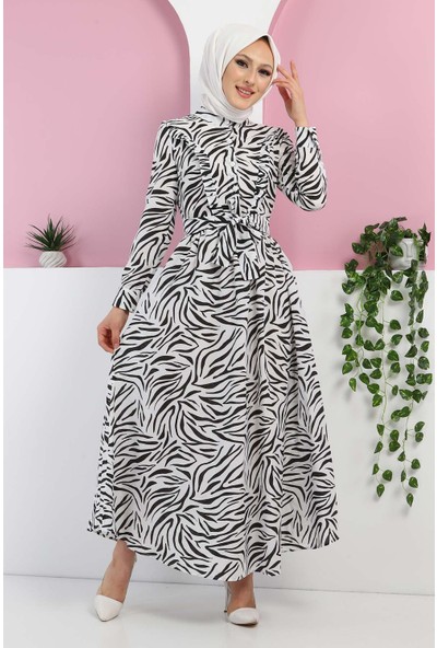 Moda Mihram Fırfırlı Desenli Elbise Siyah Moda Mihram Fırfırlı Desenli Elbise Siyah