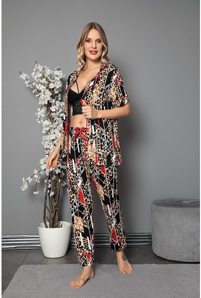 MyBen Kadın Pamuklu Likralı Düğmeli Leopar Desenli Kırmızı Biyeli Pijama Takımı 10054 MyBen Kadın Pamuklu Likralı Düğmeli Leopar Desenli Kırmızı Biyeli Pijama Takımı 10054