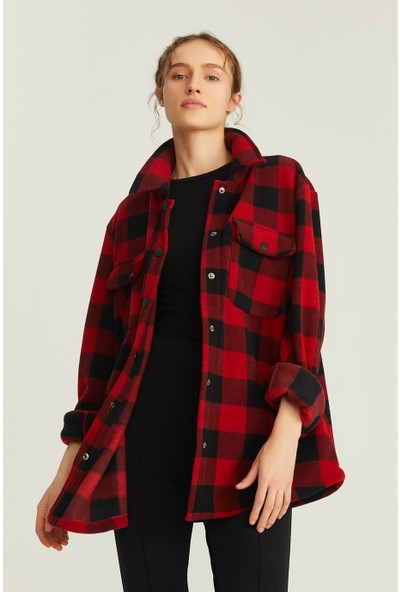 Nalu Kırmızı Oduncu Ekose Oversize Gömlek Ceket