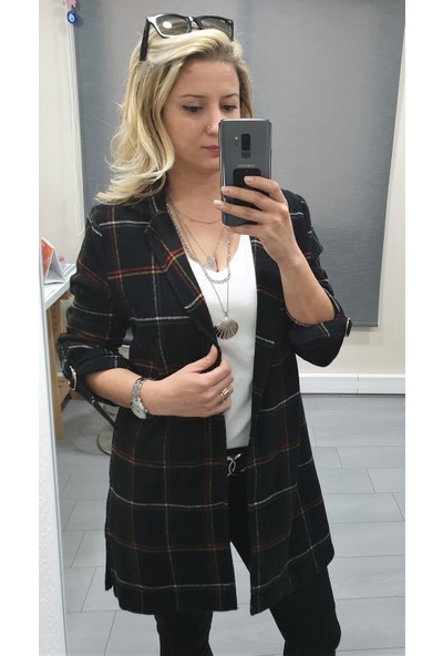 Tek Butik By Tzy Kadın Siyah Ekoseli Kaşe Ceket