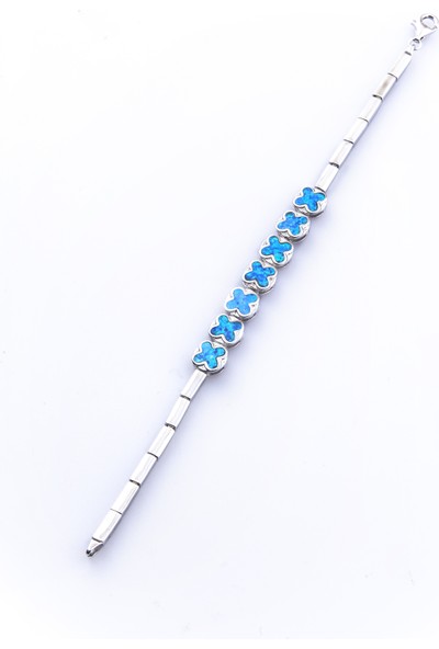 Dada Doğal Opal Taşlı Şans Yoncası Rodyum Kaplama Gümüş Bileklik