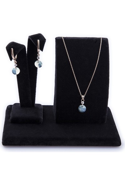 Dada Swarovski Element Yeşil Taşlı Rose Kaplama 2'li Gümüş Set