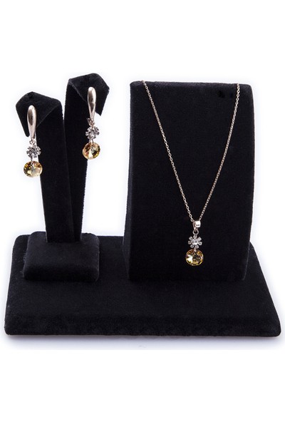 Dada Swarovski Element Sarı Taşlı Rose Kaplama 2'li Gümüş Set