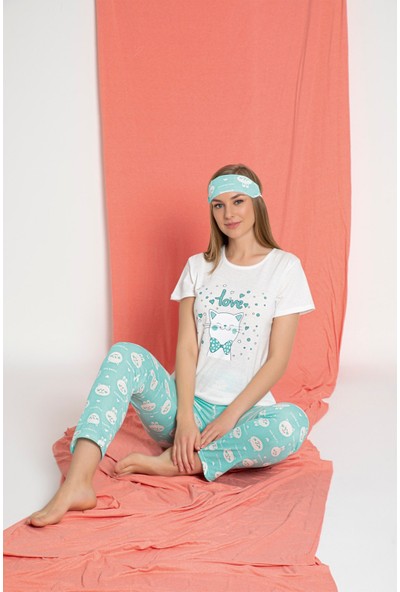 Soofit Kedicikli Beyaz Turkuaz Kadın Pijama Takımı