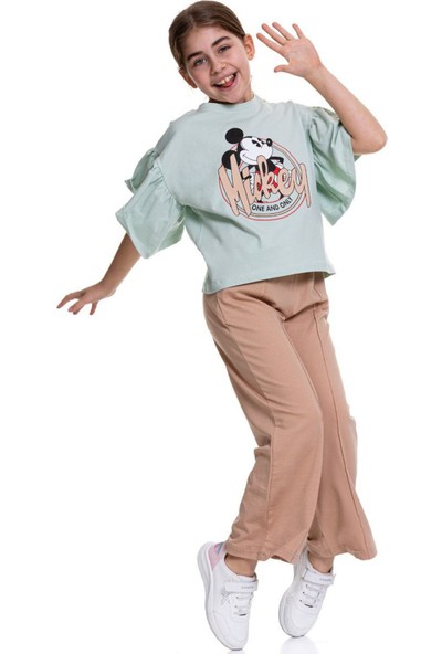 Riccotarz Kız Çocuk Kolları Volanlı Mickey Baskılı Bol Paça Kahverengi Eşofman Takım