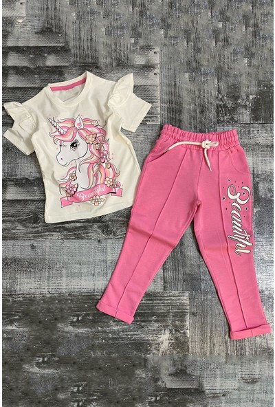 Riccotarz Kız Çocuk Omzu Fırfırlı Unicorn Baskılı Beatiful Pembe Eşofman Takım