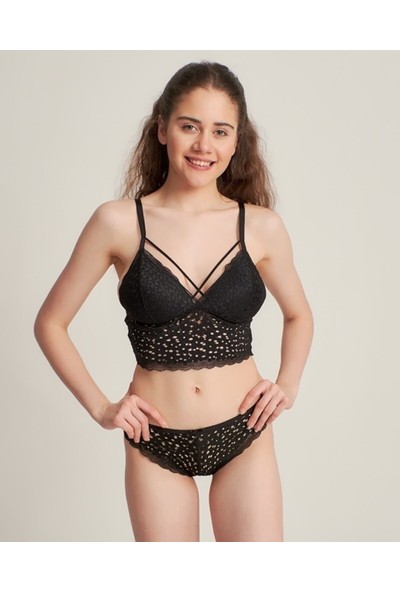 Kadın Siyah Papatya Desenli Ipli Bralet Takım