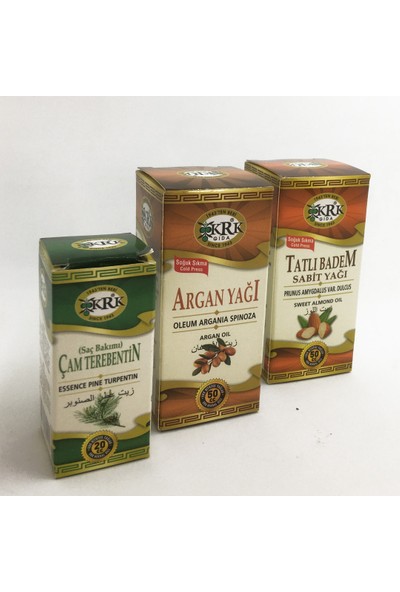 KRK Saç Bakım Seti Argan Yağı 50 ml + Tatlı Badem Yağı 50 ml + Çam Terebentin 20 ml KRK Saç Bakım Seti Argan Yağı 50 ml + Tatlı Badem Yağı 50 ml + Çam Terebentin 20 ml