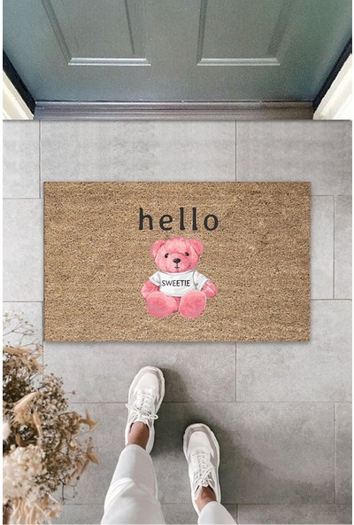 Silkcoat Home Kahverengi Kapı Önü Paspası Pembe Ayı Desen PS955